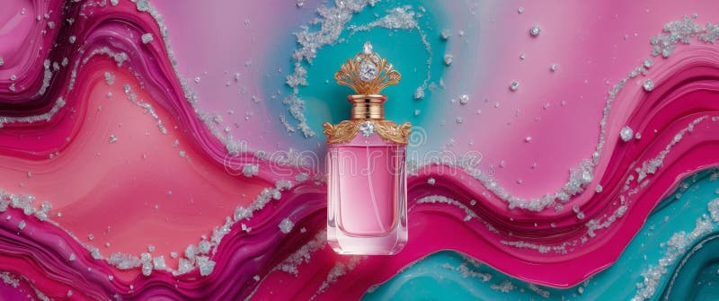 Elegant Perfume Bottle on Colorful Liquid Background with Sparkles ...