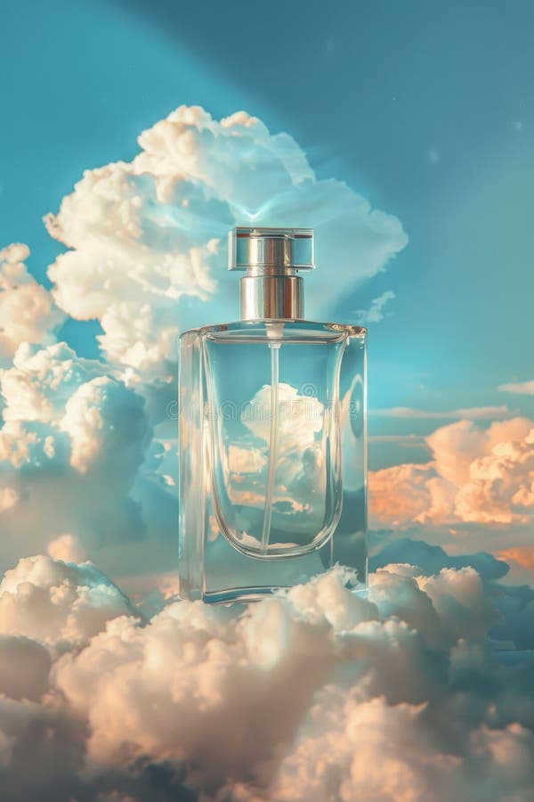 Elegant Perfume Bottle in Ethereal Cloudscape with Bright Blue Sky ...
