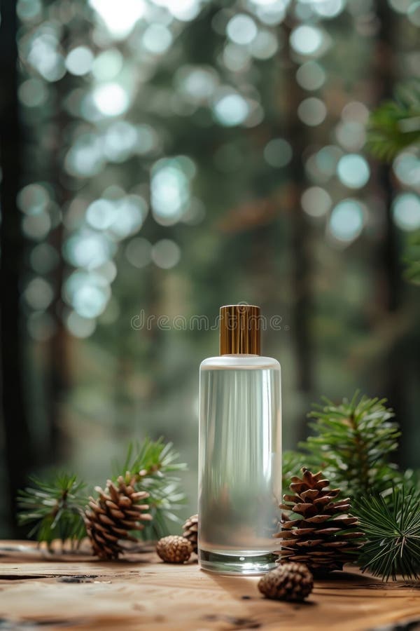 Elegant Perfume Bottle in Forest Setting with Pine Cones and Natural ...
