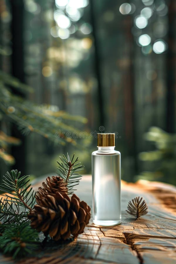 Elegant Perfume Bottle in Forest Setting with Pine Cones and Natural ...