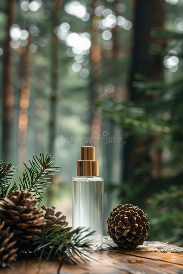 Elegant Perfume Bottle in Forest Setting with Pine Cones and Natural ...
