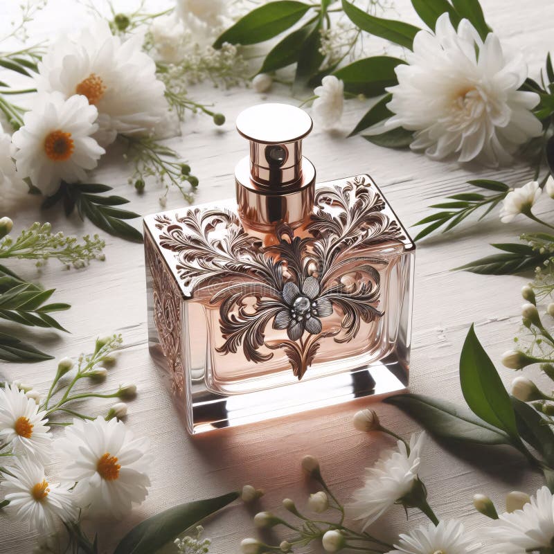 Elegant Perfume Bottle with Intricate Designs on a Floral Backdrop ...