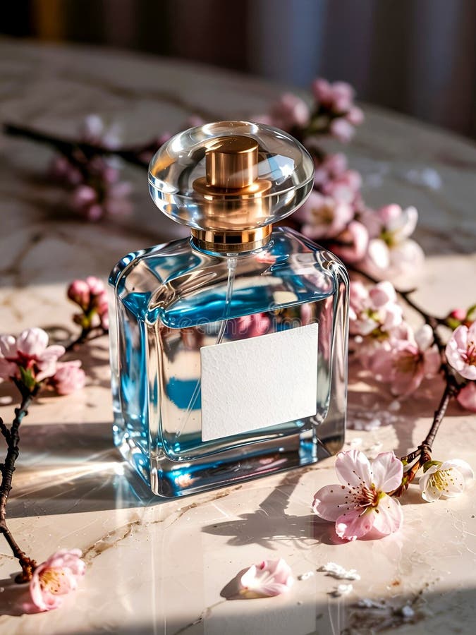 Luxury Elegant Perfume Bottle with Blue Liquid and Blank Label Stock ...