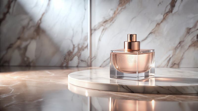 Elegant Perfume Bottle on Marble Display Stand, Shimmering in Soft ...