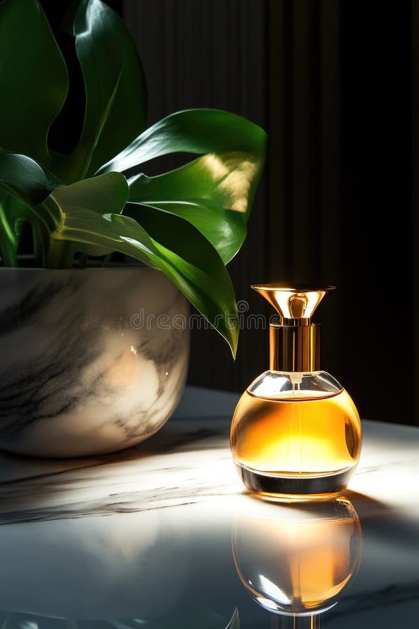 Elegant Perfume Bottle on Marble Surface with Potted Plant in Soft ...