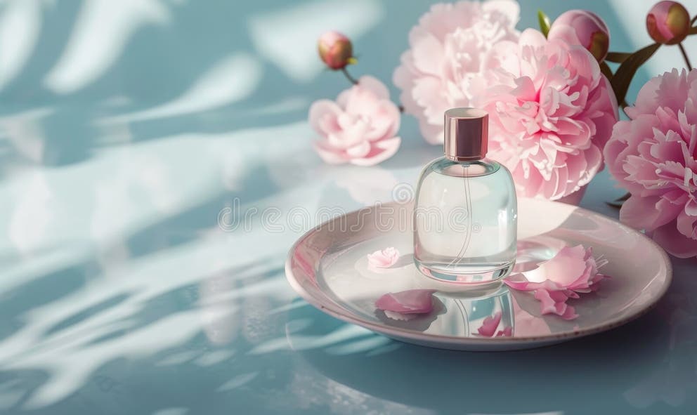 Elegant Perfume Bottle Mockup on a Ceramic Plate Stock Image - Image of ...