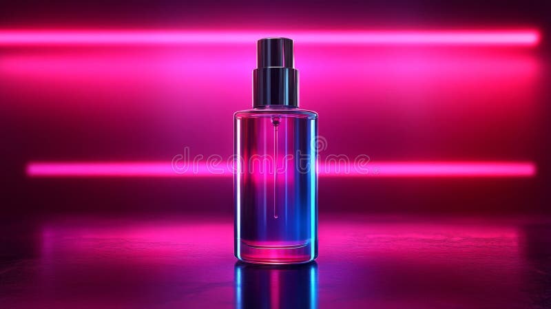 Elegant Perfume Bottle with Pink and Blue Neon Light on Dark Surface ...