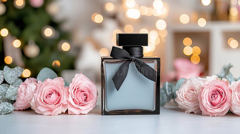 Elegant Perfume Bottle with Pink Roses and Festive Lights Stock ...