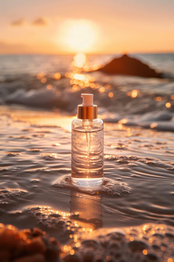 Elegant Perfume Bottle on Sandy Beach at Sunset with Ocean Waves Stock ...