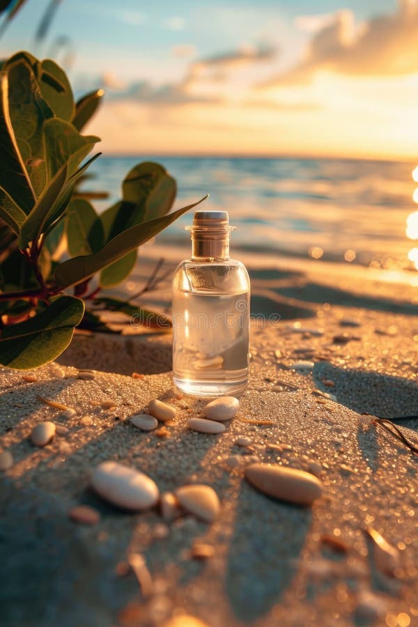 Elegant Perfume Bottle on Sandy Beach at Sunset with Ocean Waves Stock ...