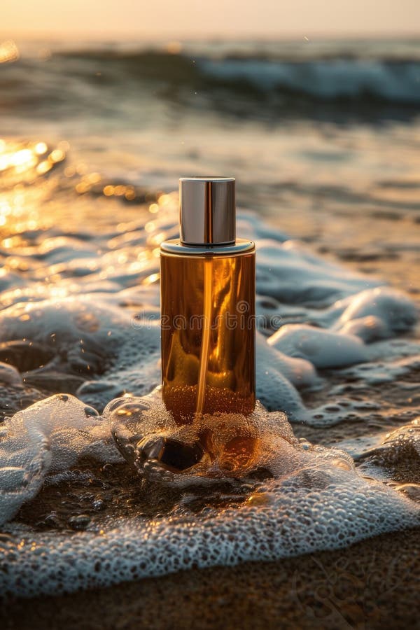 Elegant Perfume Bottle on Sandy Beach at Sunset with Ocean Waves Stock ...