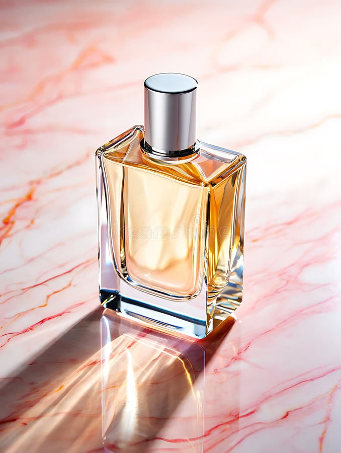 Elegant Perfume Bottle with Silver Cap Resting on Pink Marble Surface ...