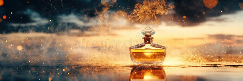 Elegant Perfume Bottle Sparkling at Sunset with Fire and Smoke Stock ...