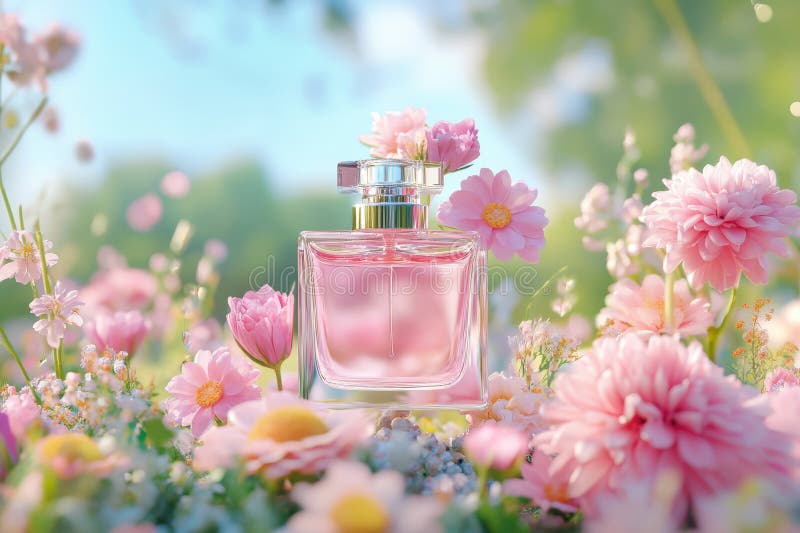 Elegant Perfume Bottle Surrounded by Beautiful Blossoms, Capturing the ...
