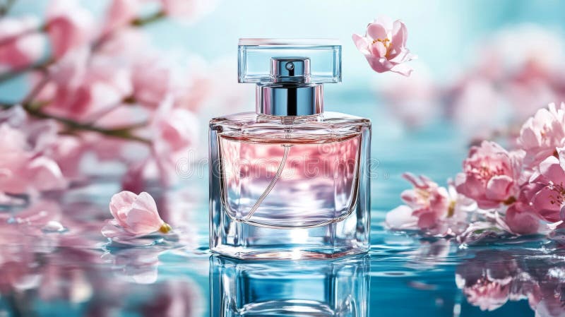 Elegant Perfume Bottle Surrounded by Delicate Pink Blossoms Stock ...
