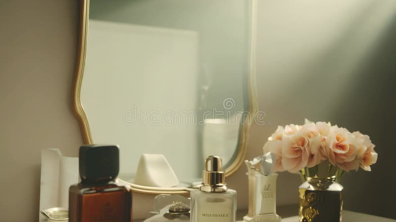 Elegant Perfume Bottles on Vanity with Soft Lighting and Flowers Stock ...