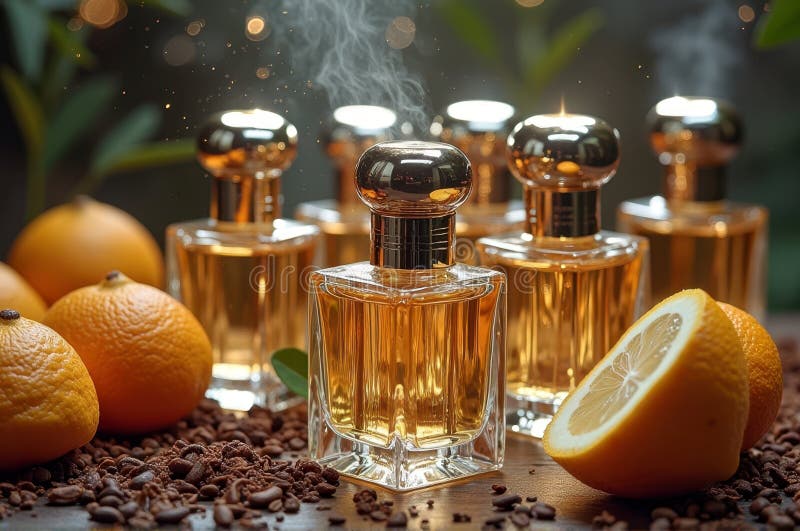 Elegant Perfume Bottles with Citrus and Spice Elements in Natural ...