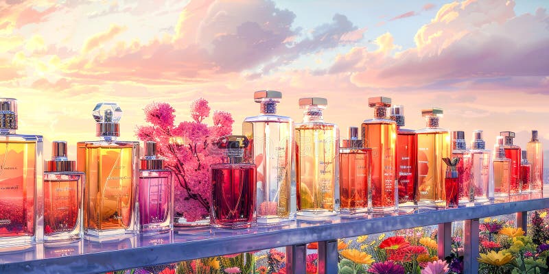 Elegant Perfume Bottles with Sunset Reflections Stock Illustration ...