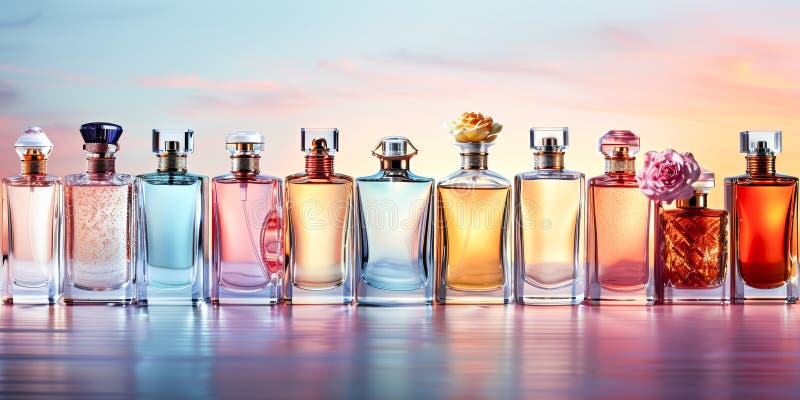 Elegant Perfume Bottles with Sunset Reflections Stock Illustration ...