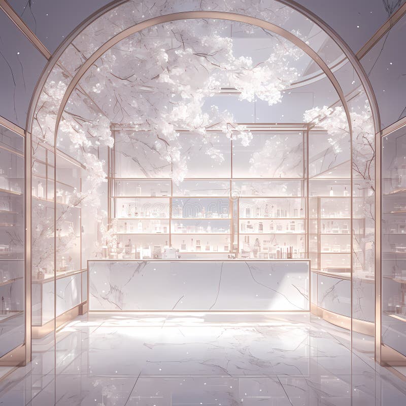 Elegant Perfumery Display with Arched Window Stock Illustration ...