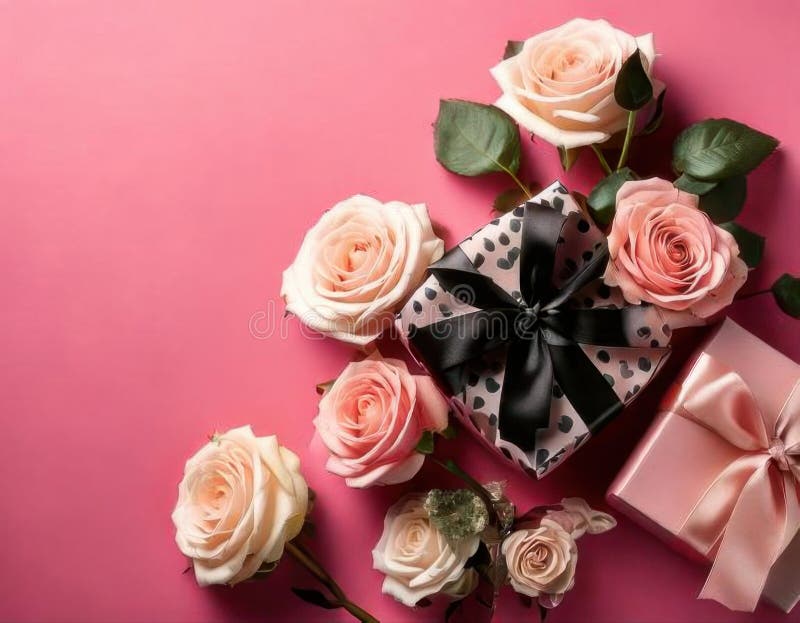 Elegant Pink Background with White & Black Roses and a Gift Stock ...