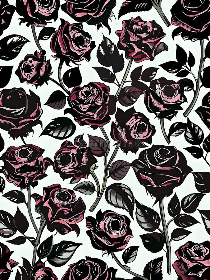 Elegant Pink and Black Roses Pattern Stock Illustration - Illustration of seamless, design ...