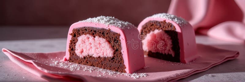 Elegant Pink Chocolate Sponge Cake with Coconut Filling on Pink Napkin ...