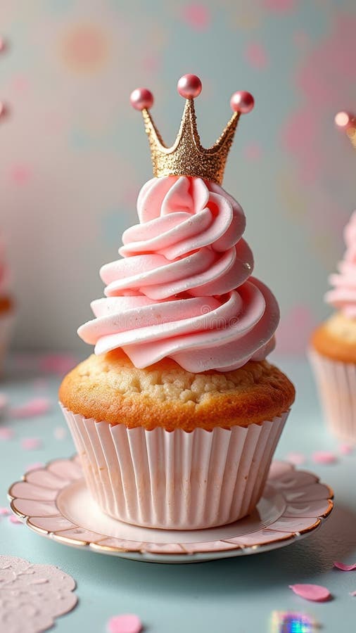 Elegant Pink Cupcake with Crown Topping on Decorative Plate Stock Image ...