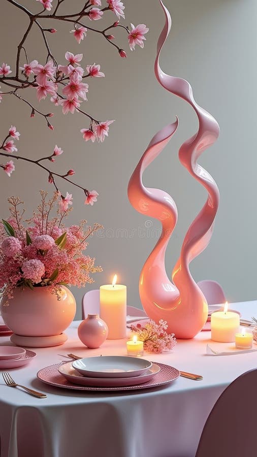 Elegant Pink Dining Table Setting with Cherry Blossoms and Sculptural ...