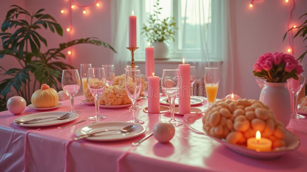 Elegant Pink Dinner Table Setting with Candles and Floral Decor Stock ...