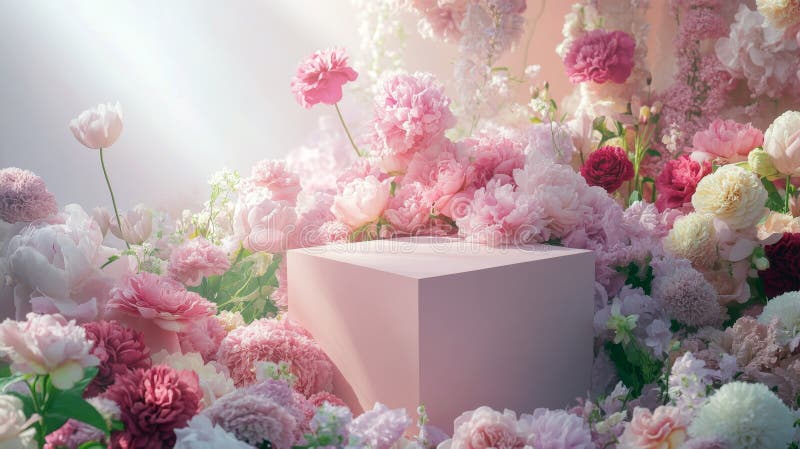 Elegant Pink Floral Arrangement with Soft Light on White Cube Stock ...