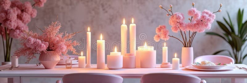 Elegant Pink Floral and Candle Table Setting with Soft Lighting ...