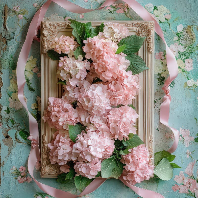 Elegant Pink Hydrangea Arrangement in Vintage Frame with Ribbon Stock ...