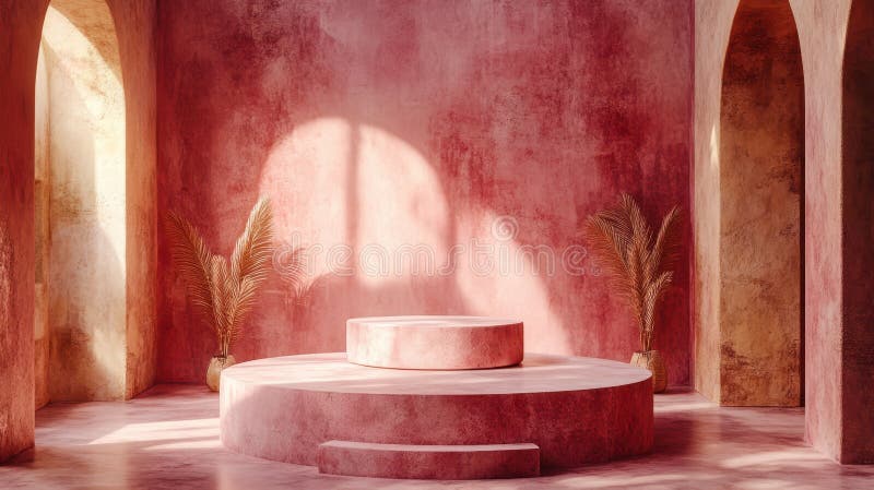 Elegant Pink Interior with Round Podium and Sunlight Shadows Stock ...