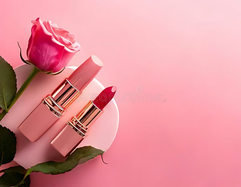 Elegant Pink Lipstick and Jar Placed with a Blooming Rose, on Pink ...