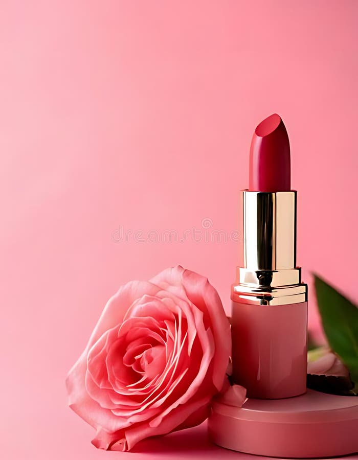 Elegant Pink Lipstick and Jar Placed with a Blooming Rose, on Pink ...
