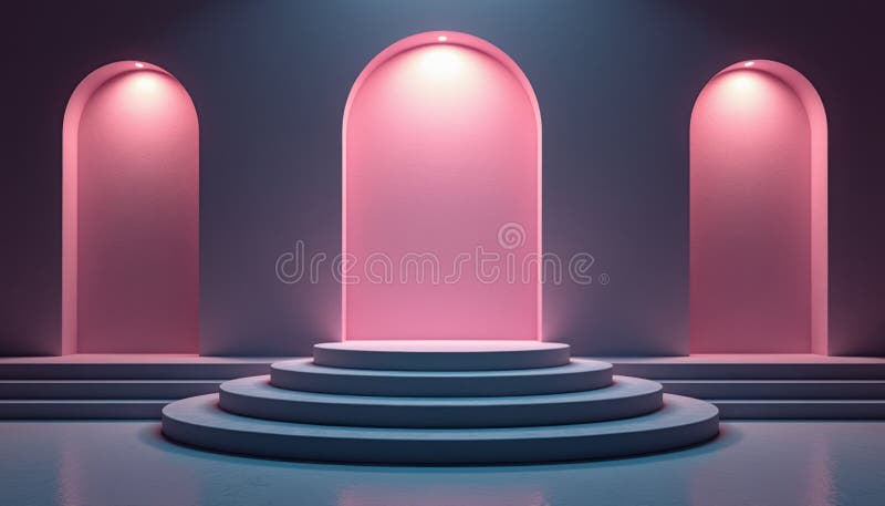Elegant Pink-lit Stage with Arches Stock Photo - Image of minimalist ...