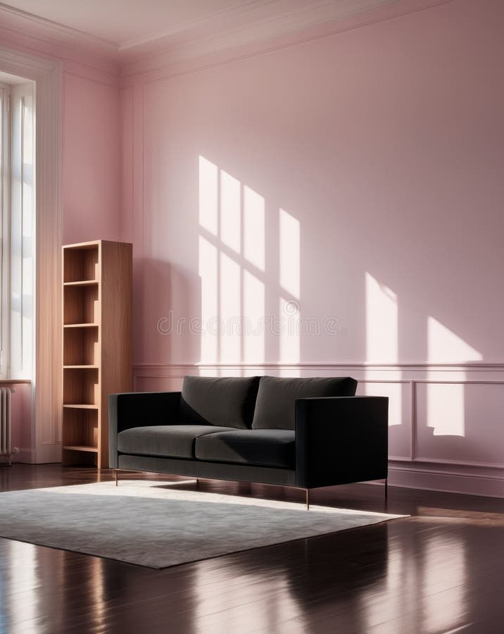 Elegant Pink Living Room with Black Sofa and Bookcase Stock Photo ...