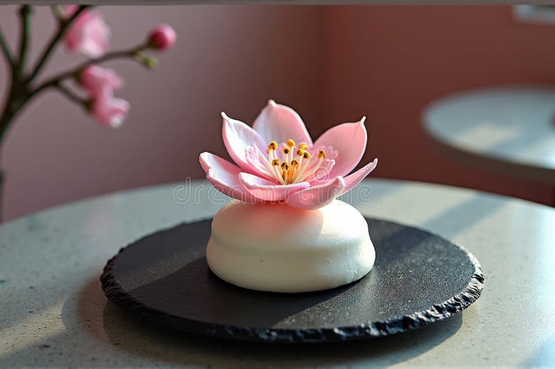Elegant Pink Lotus Flower Cake on Slate Plate in Soft Light Setting ...