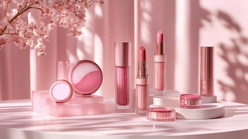 Elegant Pink Makeup Display on White Table with Cherry Blossom Accents ...