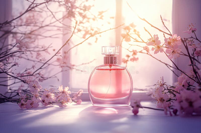 Elegant Pink Perfume Bottle with Spring Blossoms High Quality Image ...