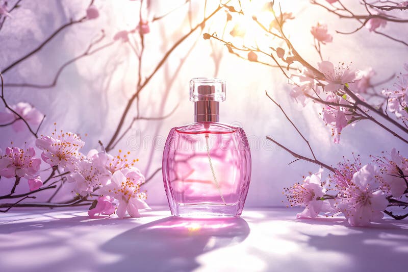 Elegant Pink Perfume Bottle with Spring Blossoms High Quality Image ...