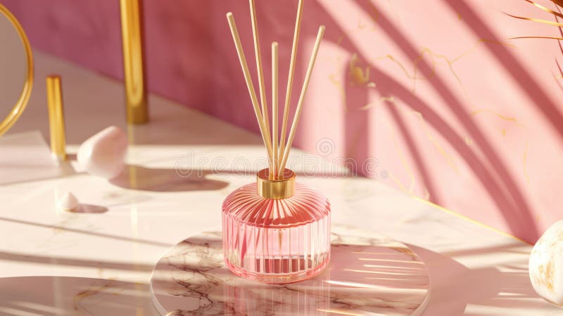 Elegant Pink Reed Diffuser in a Sunlit Modern Marble and Gold Accented ...
