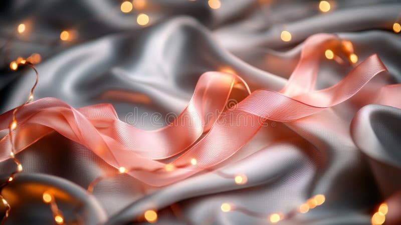 Elegant Pink Ribbon Draped on Silken Fabric with Lights Stock ...