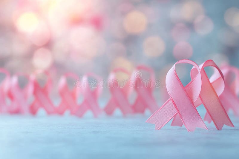 Elegant Pink Ribbon Row Displayed on Light Blue Surface with Bokeh ...