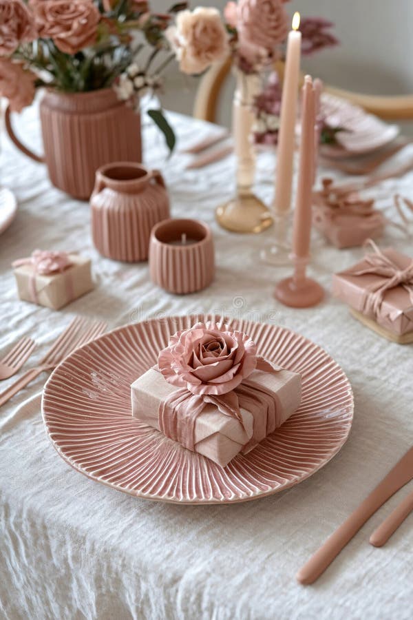 Elegant Pink Rose Gift Box on Table Setting High Quality Image Stock Illustration - Illustration ...