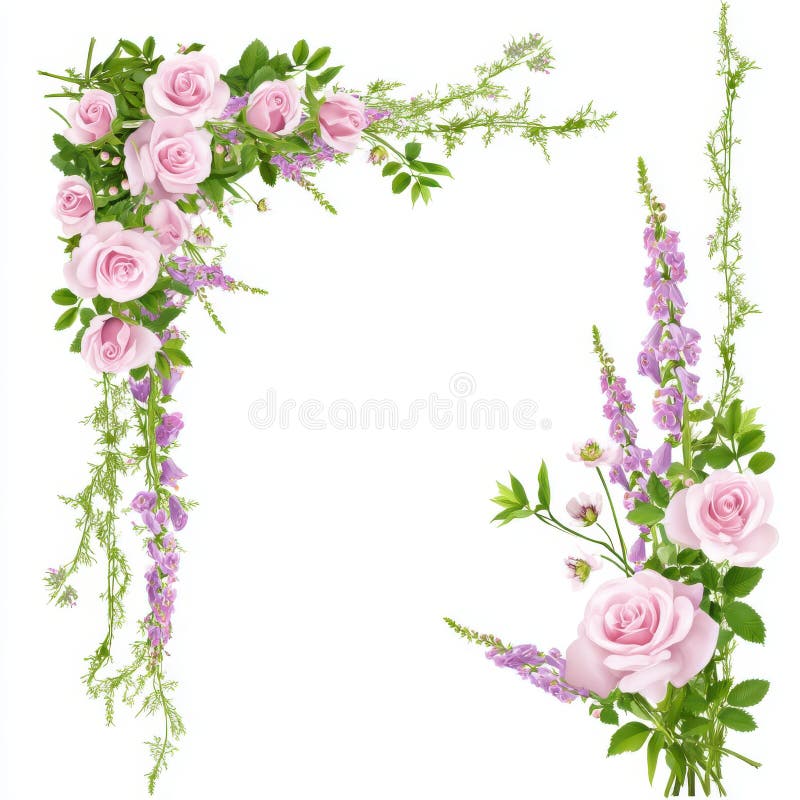 Elegant Pink Roses and Lavender Flowers Corner Border Frame Stock ...