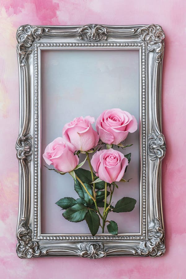 Elegant Pink Roses in Silver Frame Art High Quality Image Stock ...