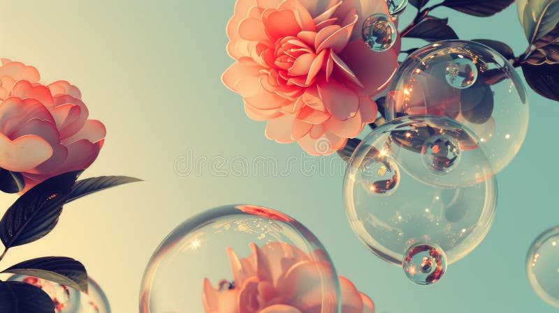 Elegant Pink Roses with Translucent Bubbles in a Surreal Composition ...