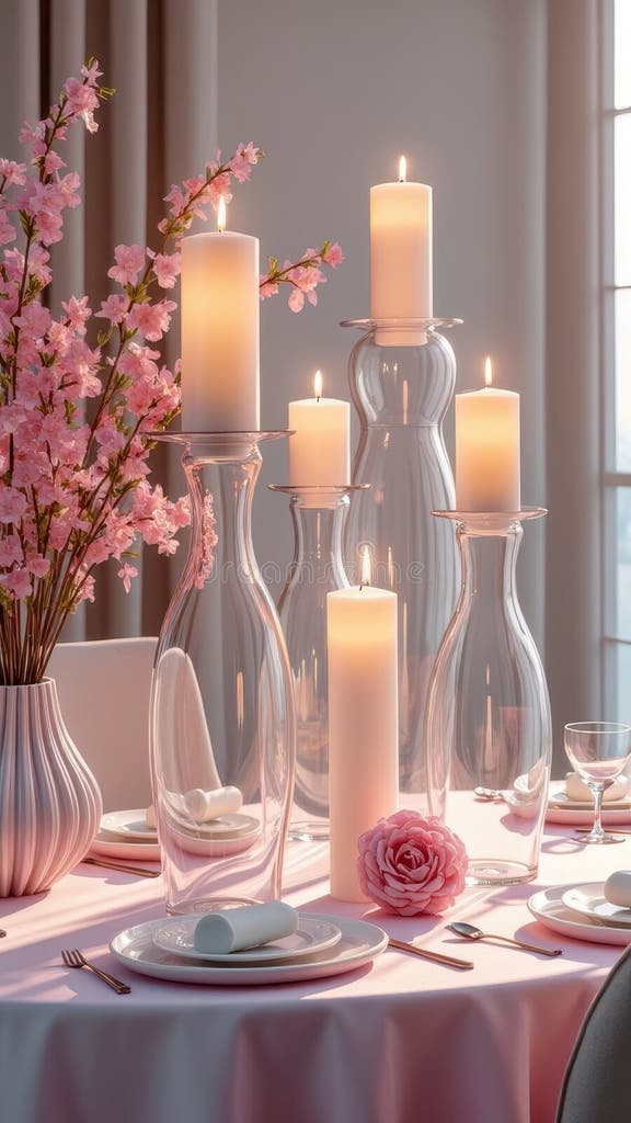 Elegant Pink Table Setting with Candles and Cherry Blossoms Stock Image ...